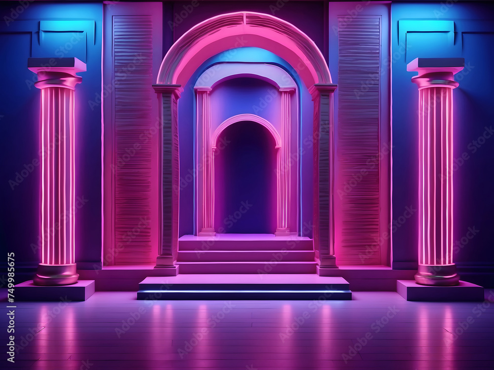 Ancient Greek-style pillars three podiums and a door on blue pink ...
