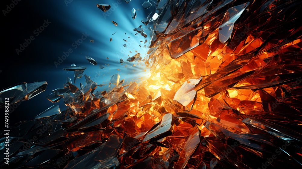 Abstract background with glass explosion effect with flames and fire ...