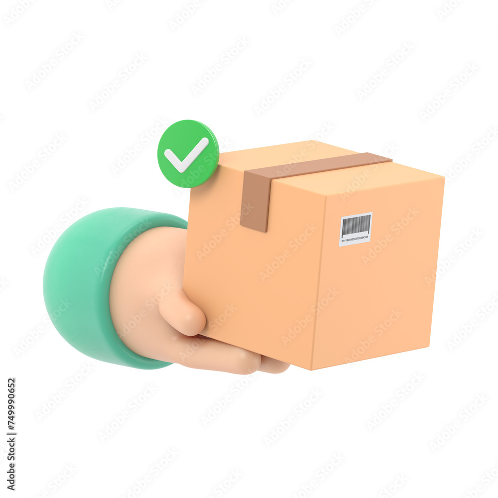 3D Hand holding parcel with check mark. Delivery of order in cardboard ...