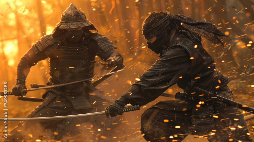Samurai vs Ninja, both adorned in black, fast-paced combat, with ...
