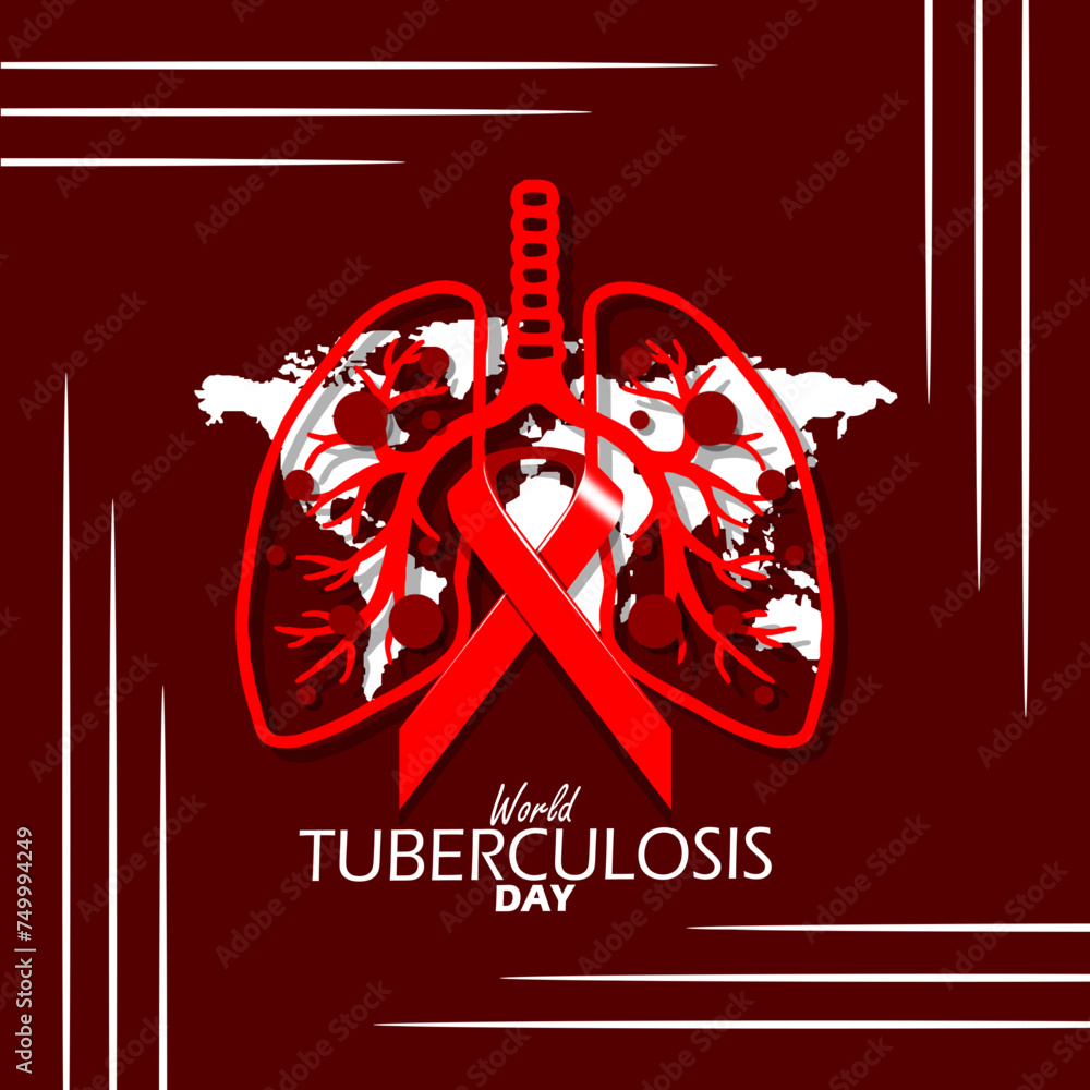 World Tuberculosis Day event banner. Red ribbon with virus infected ...