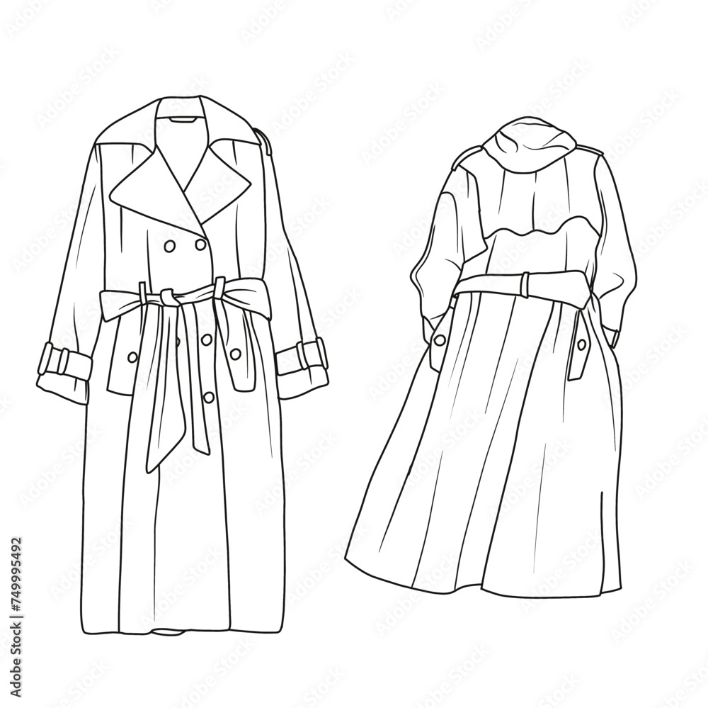Template vector illustration hand drawn of Oversized Trench coat with ...