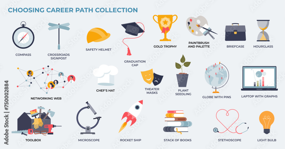 Choosing career path, study and work profession in tiny collection set ...