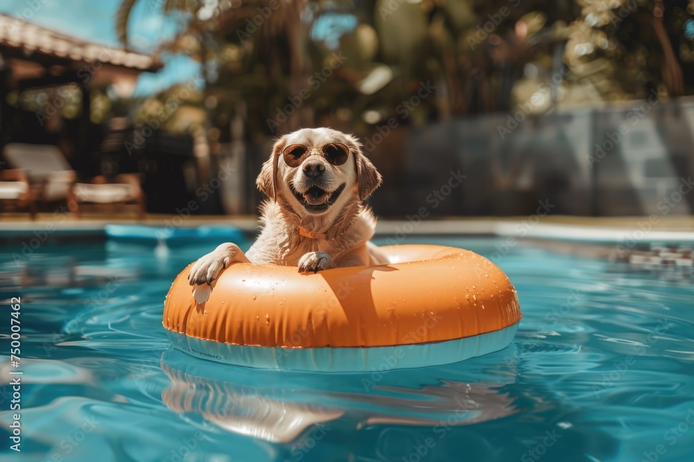 Dog in fency sunglasses floating in swimming pool in Inflatable ring on summer vacation. Cute ...