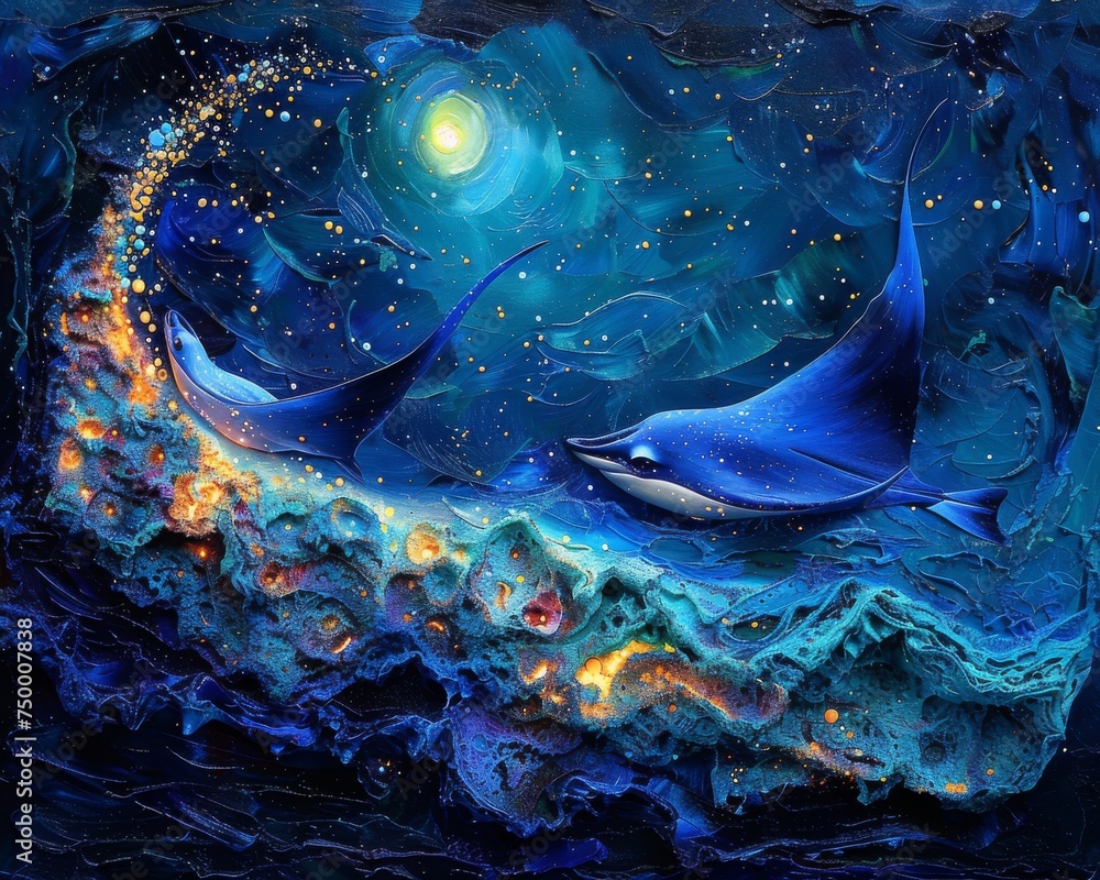 Abstract art forms in coral reefs painted by bioluminescent manta rays ...