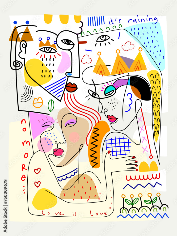Abstract face portrait person geometric, doodle, line art hand drawn ...