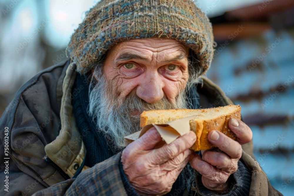 poor man homeless with dirty hands eating piece of bread in modern capitalism society. Economic ...