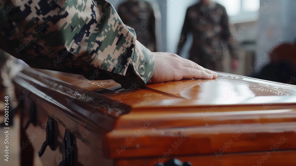 Funeral. A man in military uniform put his hand on the lid of the ...