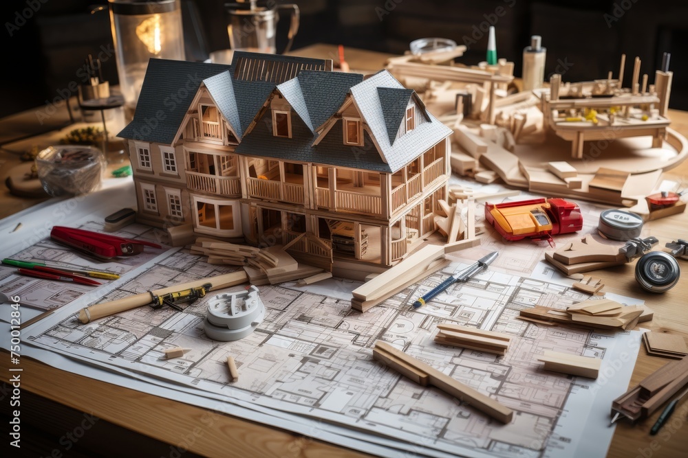 Photo An intricately detailed miniature two-story house model sits on a ...