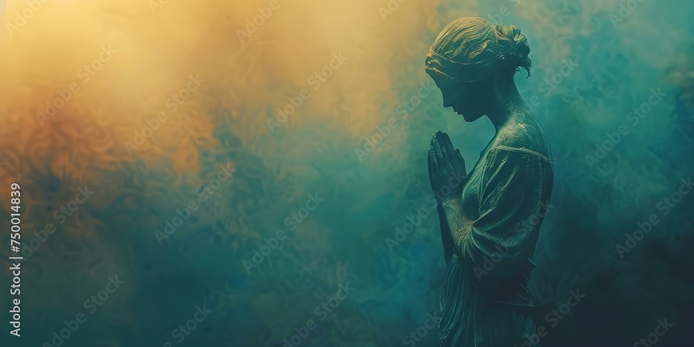 Religious figure bows head in prayer seeking guidance and spiritual ...