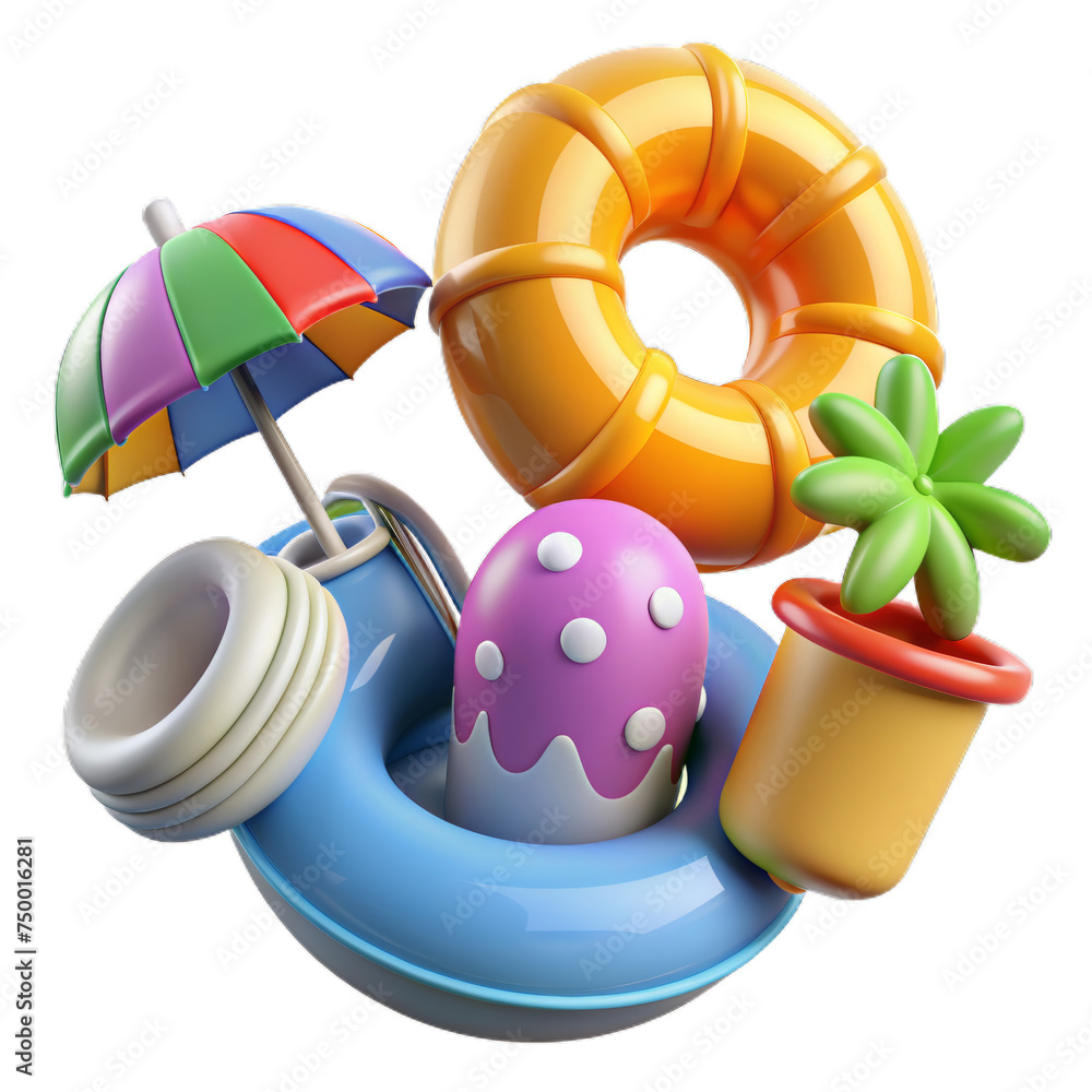 Summer 3d realistic render icon set. object with beach elements, summer ...