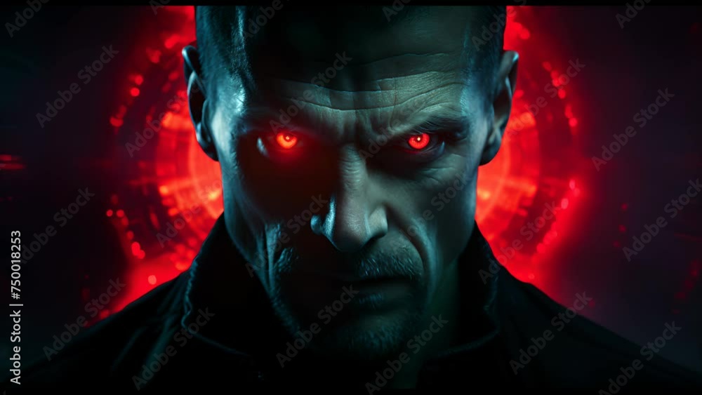 Vidéo Stock Portrait of a crazy villain with red eyes on a futuristic ...