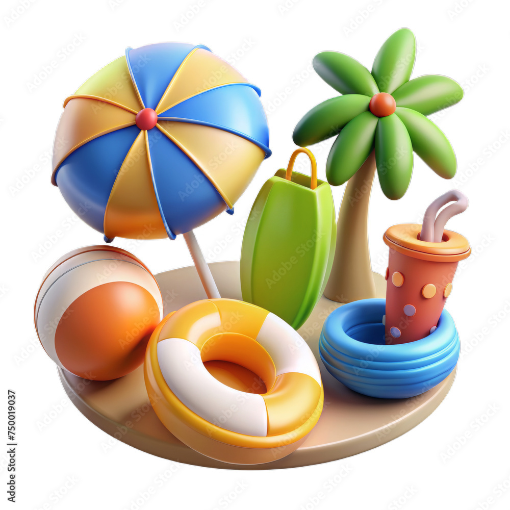 Summer 3d realistic render icon set. object with beach elements, summer ...