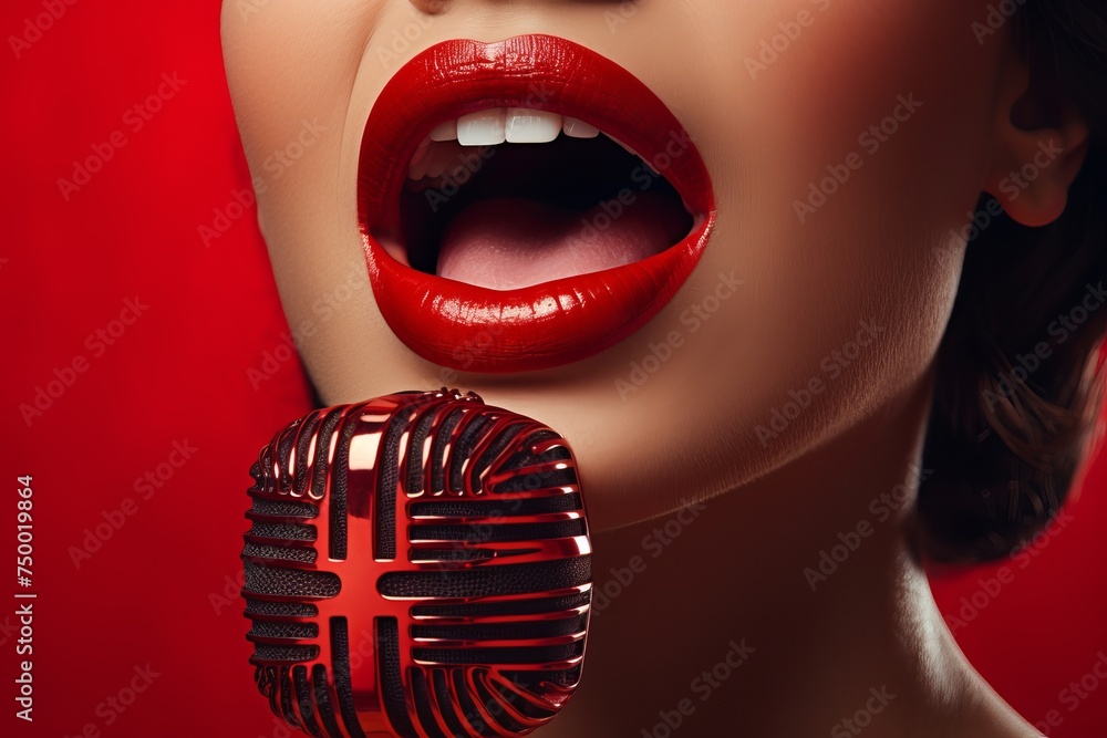 A stunning woman with bright red lipstick sings into a retro microphone ...
