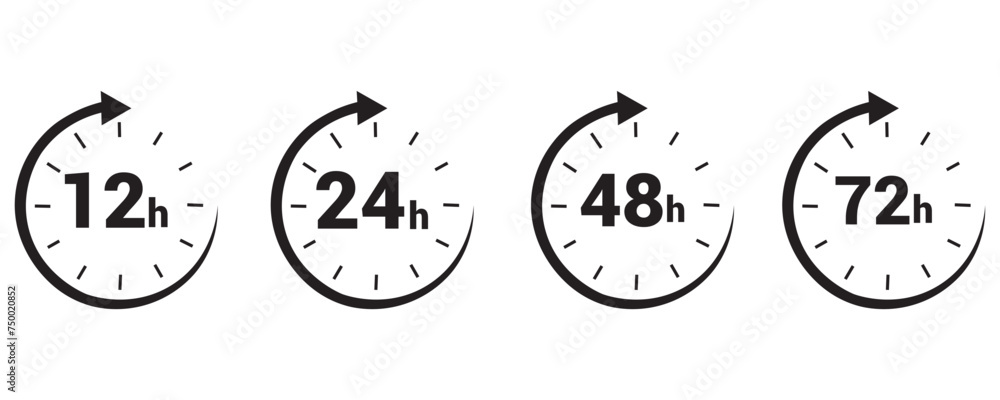 12, 24, 48, 72 hours clock arrow. symbol work time, delivery and ...