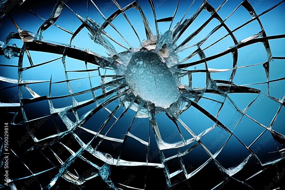Shattered glass with a hole in the center and sharp fragments around ...
