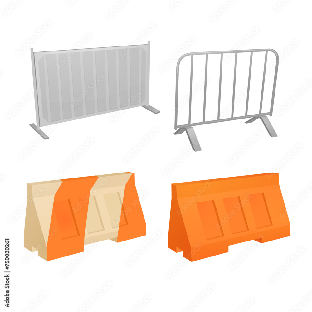 Different road barriers set. Metal and plastic traffic barricades ...