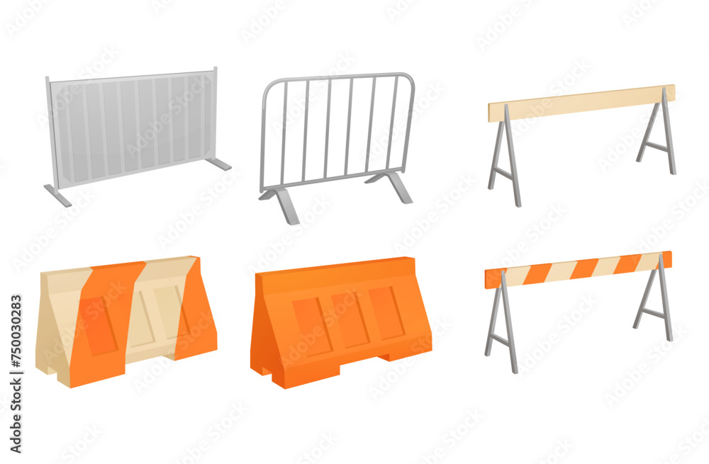 Different road barriers set. Metal and plastic traffic barricades ...