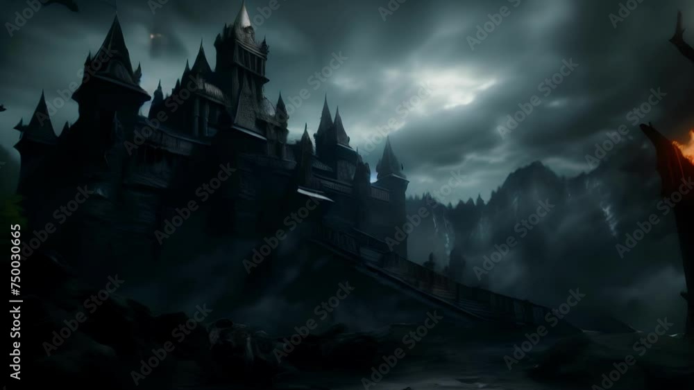 Scary medieval castle fortress at night. Fantasy background. The ...