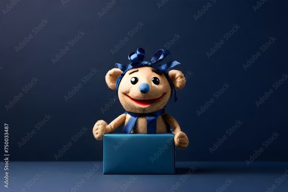 A funny puppet with decorated gift box on bokeh background, copy space ...