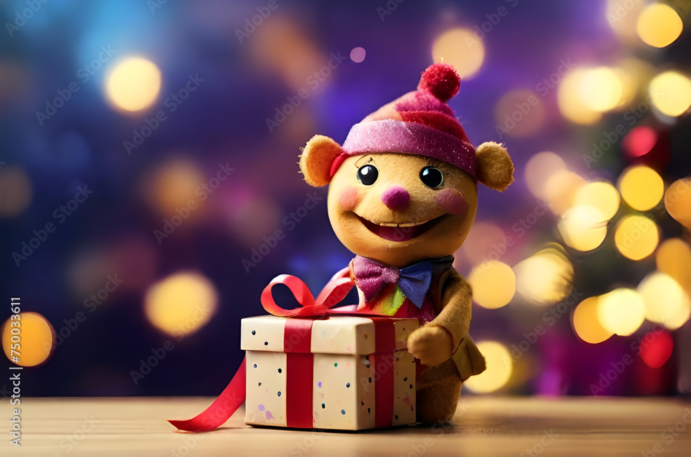 A funny puppet with decorated gift box on bokeh background, copy space. Joy and cheer spreading ...