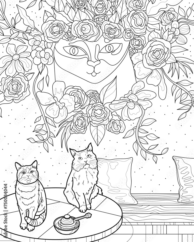 Cats are sitting on the table. Cat cafe. Coloring page, black and white ...