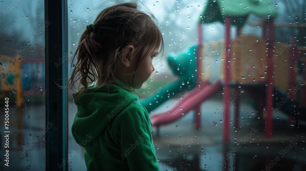 Child in green shirt yearning for playtime in a rainy playground. A ...