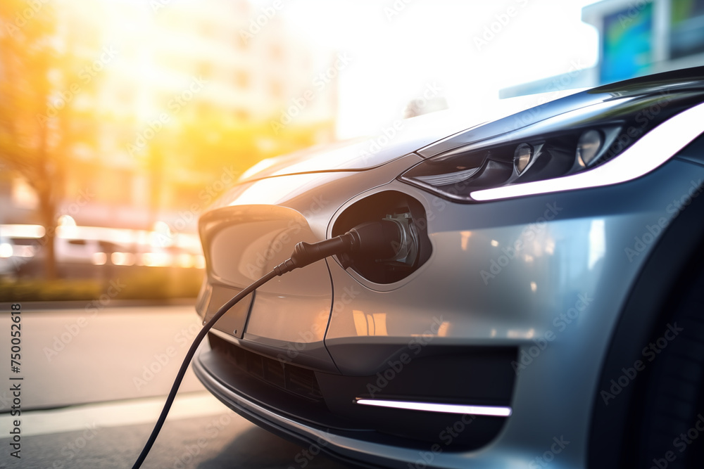 Electric Car on Charging. Charge an Electric Car. Powered car charging ...