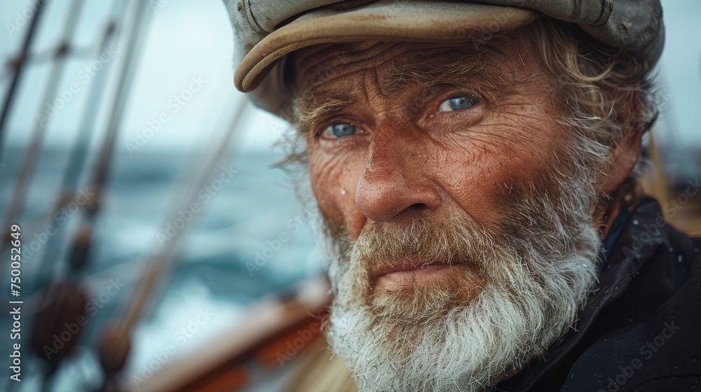 An elderly man with a skipper's beard wearing captain's cap. Fishing ...