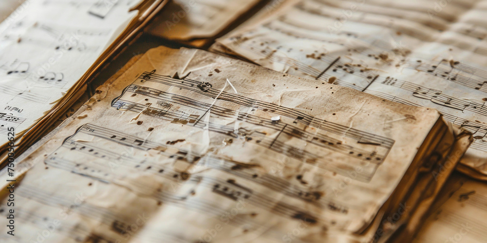 Ancient sheet music resting on top of a stack of vintage music sheets ...