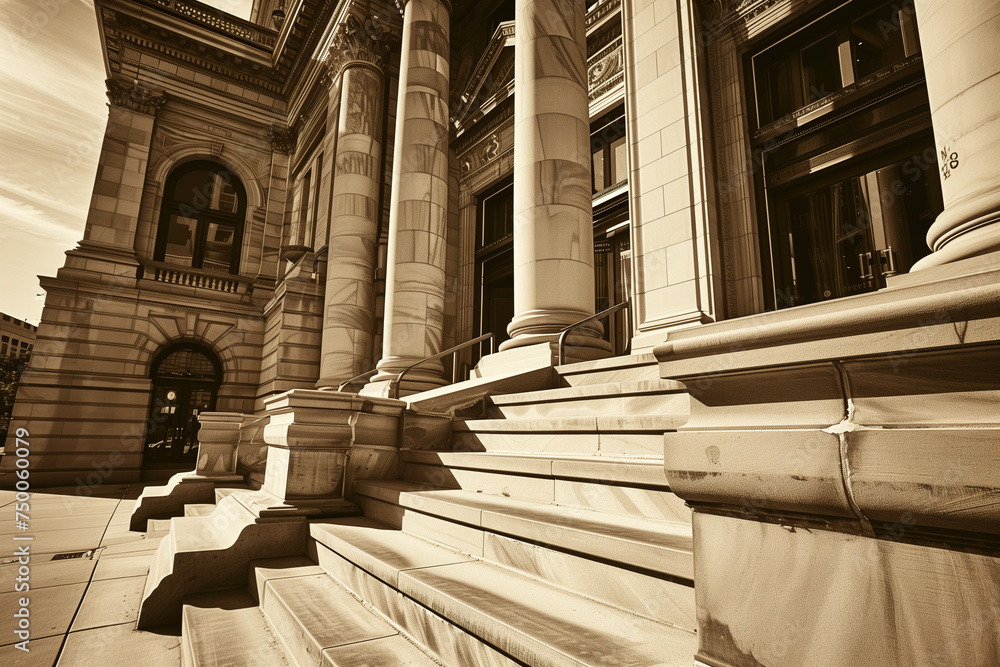 This sepia photograph depicts the stately entrance of a neoclassical ...