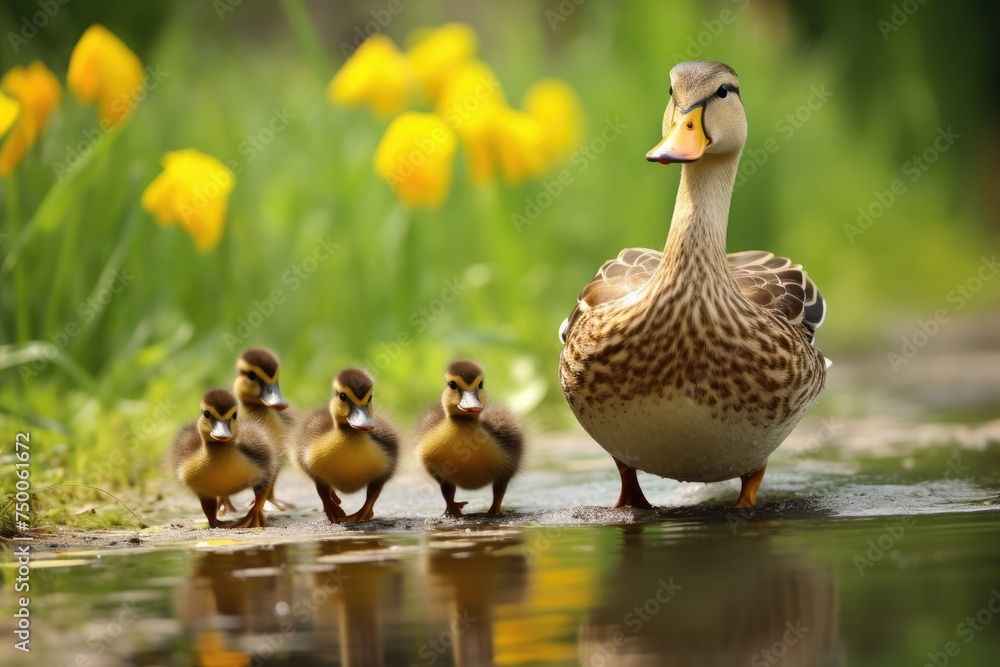 Wildlife moment as A mother duck leading her ducklings across a pond ...