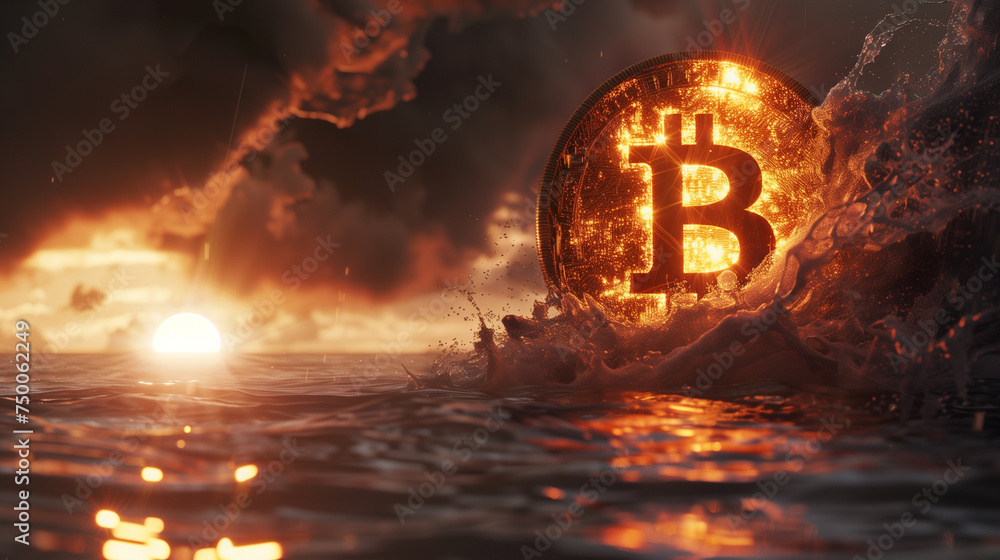 A luminescent Bitcoin symbol emerges powerfully from the churning ocean ...