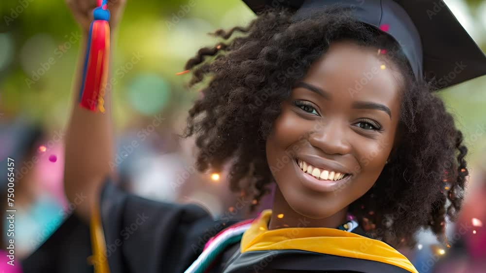 Happy young black woman university graduate in traditional costume with ...