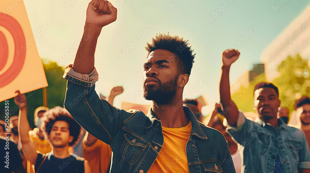 African American man marching in protest with a group of protestors ...