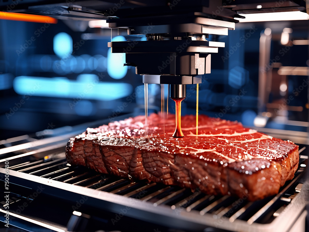 a close-up of a 3D printer printing a steak with microscopic filaments ...
