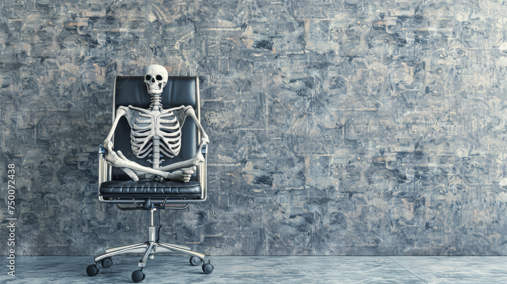 A skeleton is sitting in a chair in a room with a gray wall. The ...