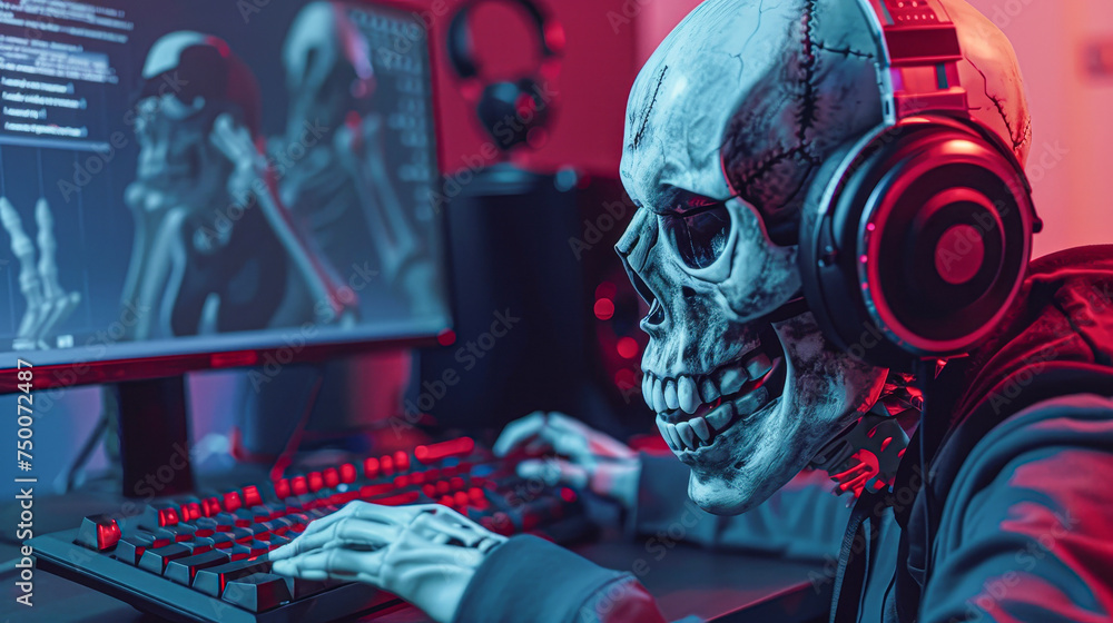 A skeleton wearing headphones is playing a computer game. The skull is wearing a hoodie and is ...