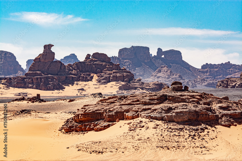 Tadrart landscape in the Sahara desert, Algeria. In this tortured ...