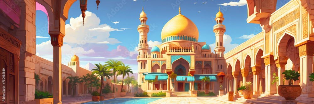 Majestic palace of a Middle Eastern sultanate with golden domes, high ...