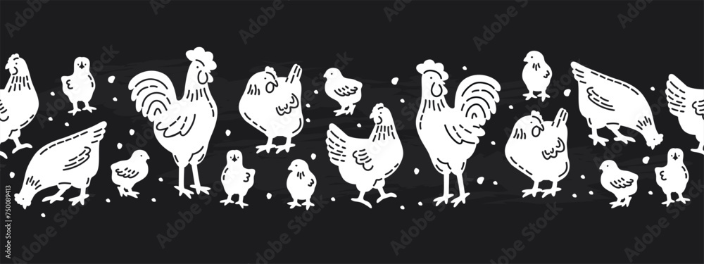 Black white seamless border with silhouettes of chickens.Horizontal ...