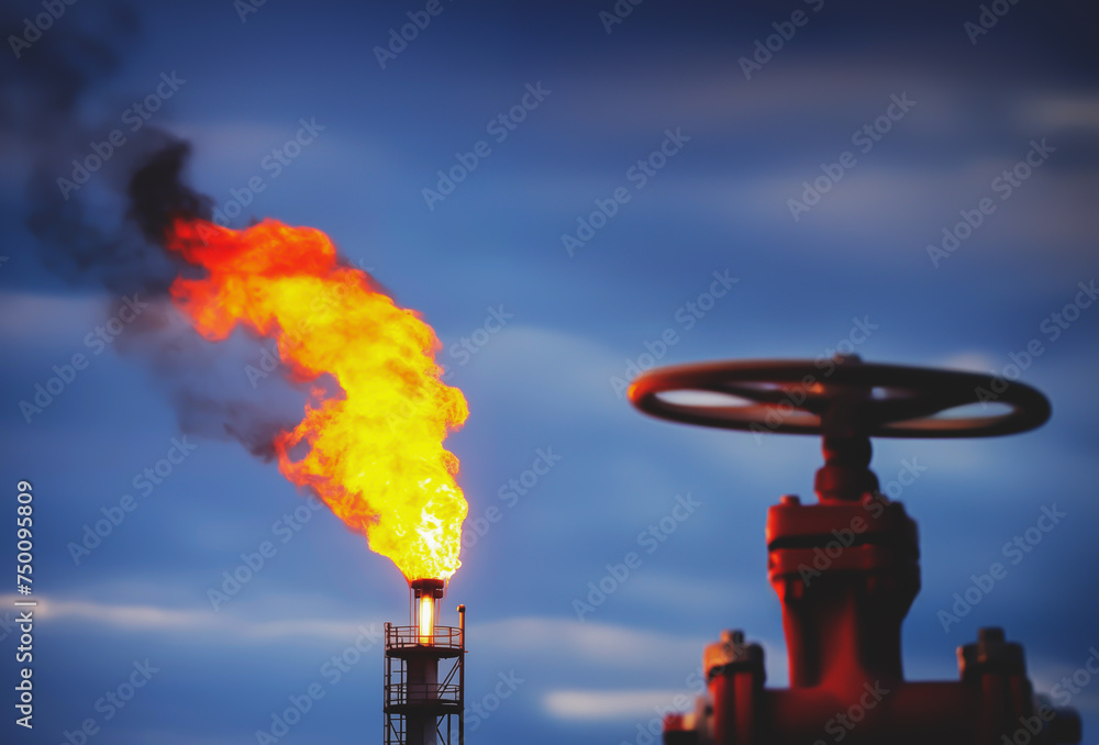 Natural gas refinery plant. Fire from pipe of Processing factory. Oil ...