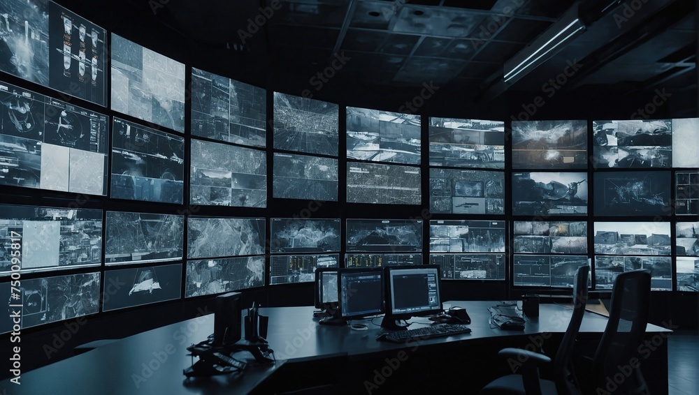 wide banner of security CCTV cameras and guard monitoring screen hud UI ...