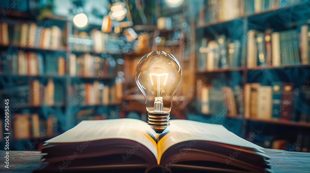 Light Bulb Over Open Book, Concept of Bright Ideas and Education, Symbol of Knowledge ...