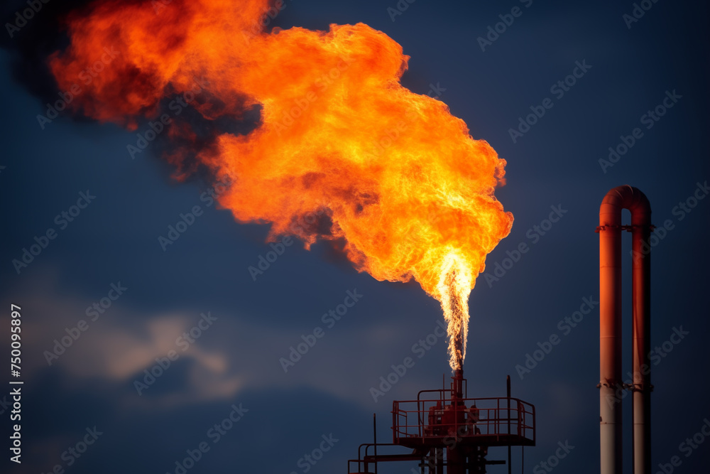 Natural gas refinery plant. Fire from pipe of Processing factory. Oil ...