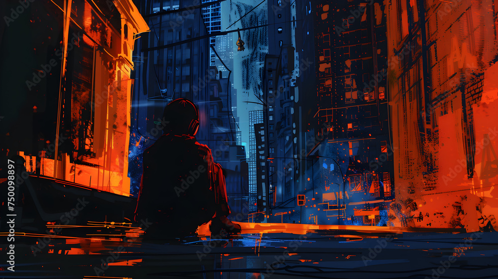 Abstract composition of a lonely boy in an urban setting, surrounded by ...