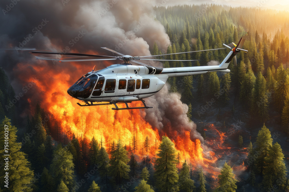 Forest fire extinguisher helicopter drops water on a forest fire in a ...