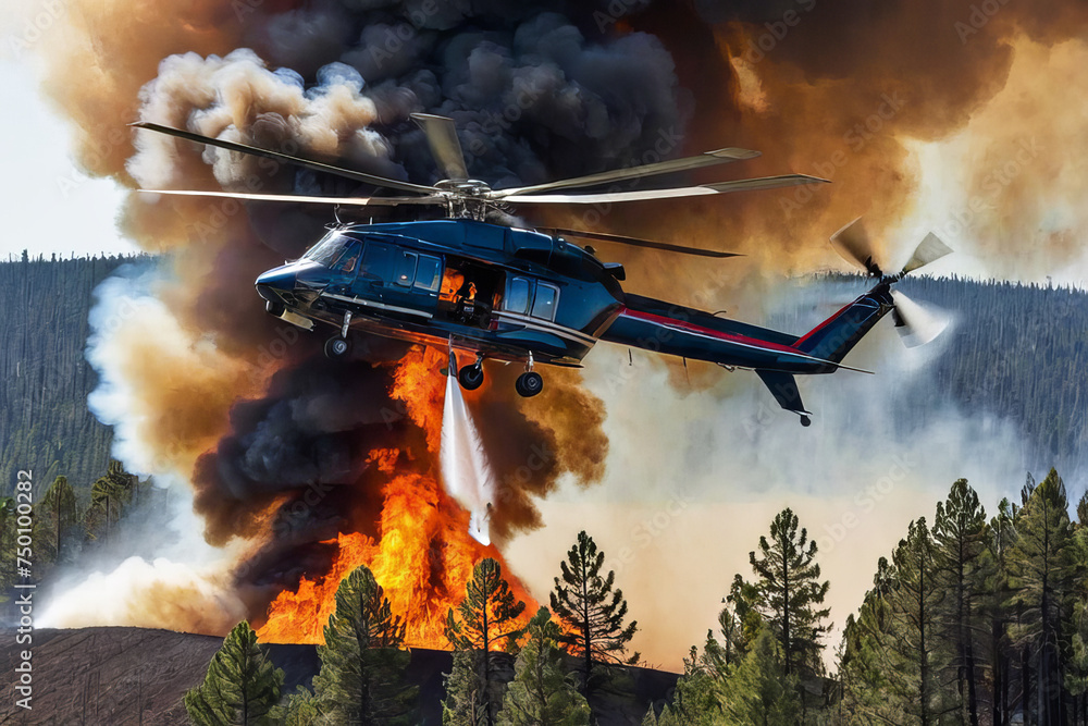 Forest fire extinguisher helicopter drops water on a forest fire in a ...