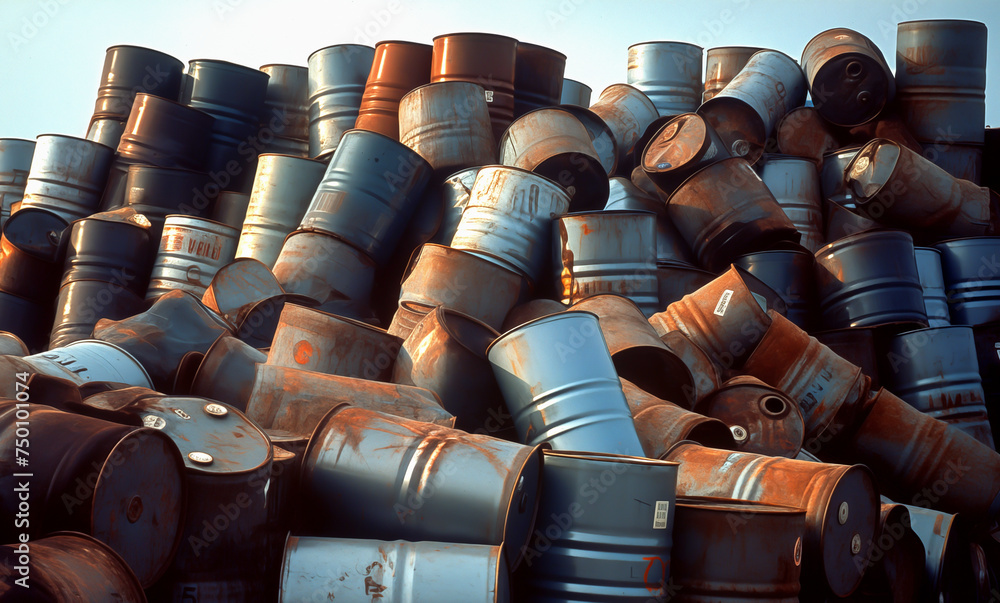 Oil drums dump. Pile of oil drums in landfill. Mound of oil drums near ...