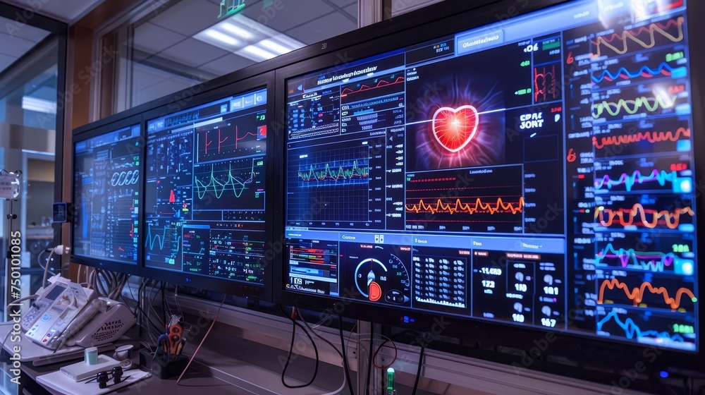 Multiple patient monitoring screens in a hospital showcase vital signs ...